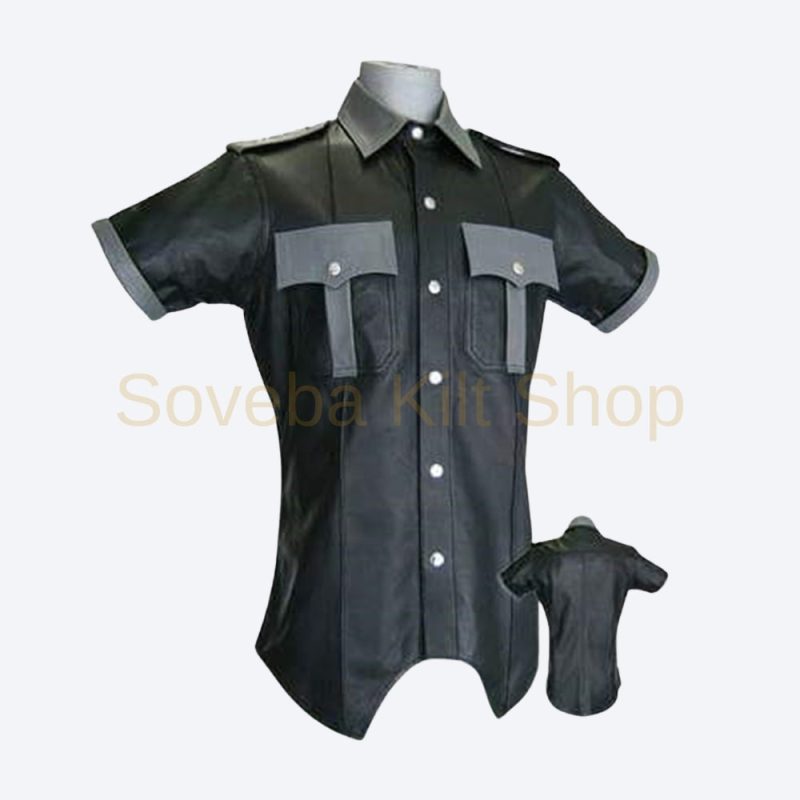 Black And Grey Leather police, Uniform Shirt - Soveba Kilt Shop