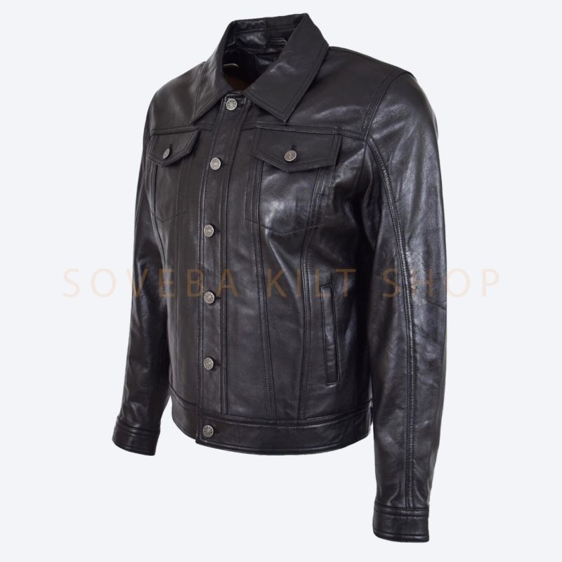 Black Denim Leather Jacket Jeans Style | Four Pockets