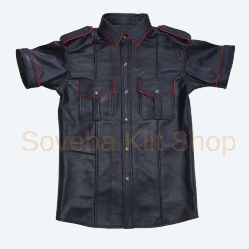 Black Leather Police Shirt - Half Sleeves Police, Uniform Shirt ...