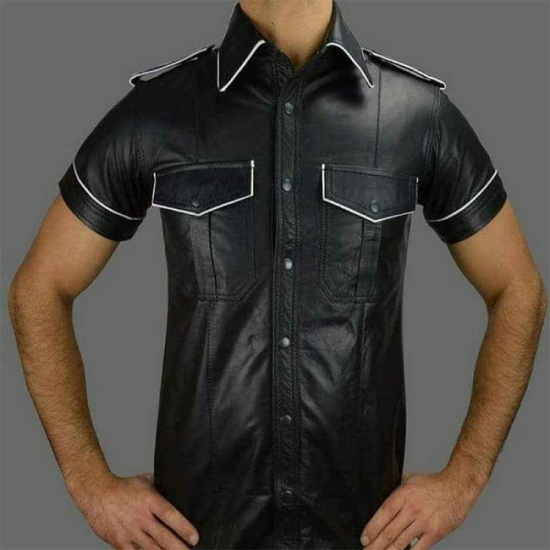 Black Leather Police Shirt - Half Sleeves Police, Uniform Shirt ...