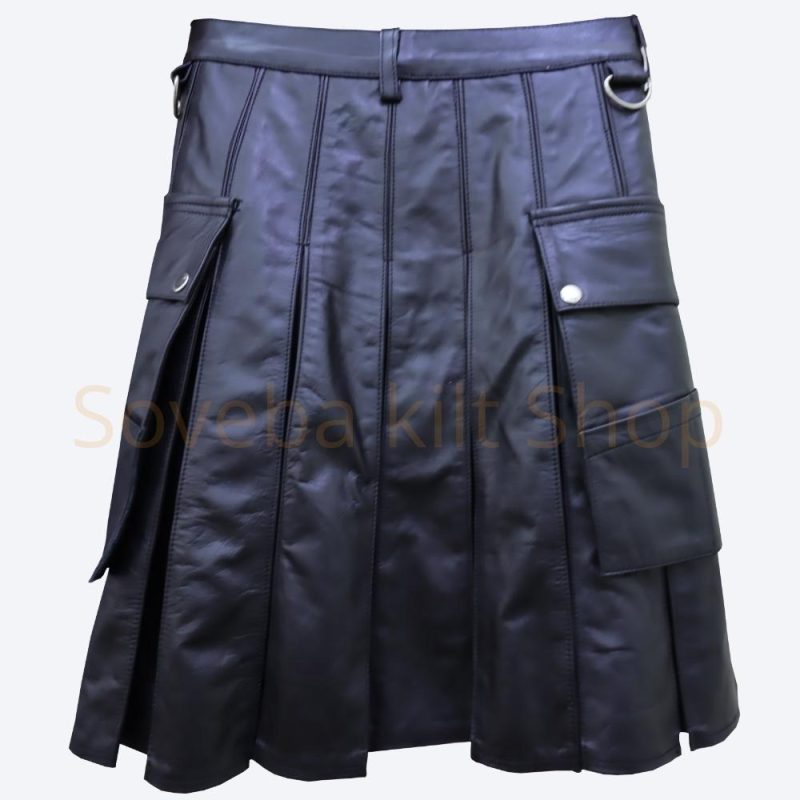 Real Leather Pleated Clubwear Utility Kilt - Pocket On Both Sides