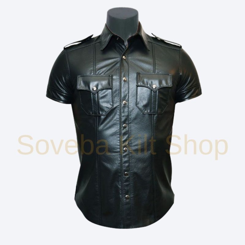 Black Leather Uniform Shirt In Police Style - Red Piping | Soveba Kilt