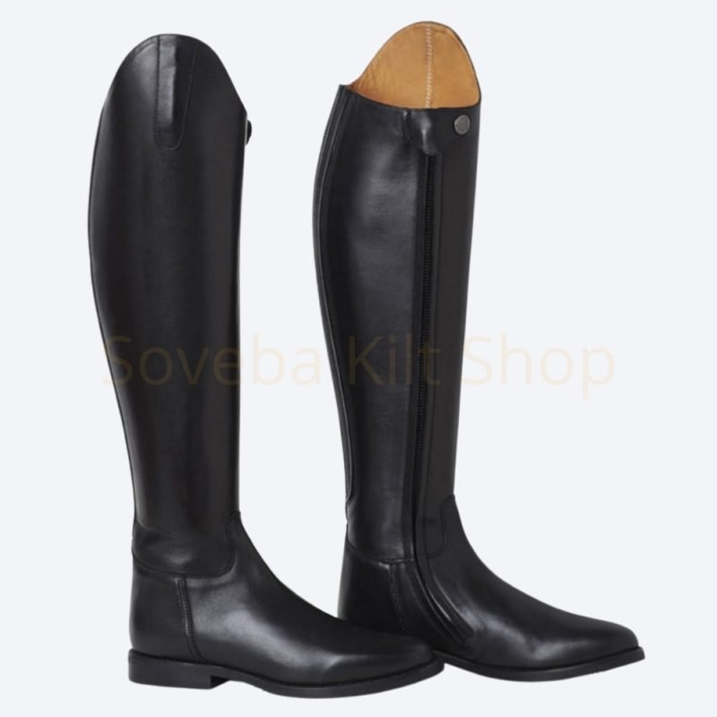 Black Leather Long Laced Front Riding Boots | Back Zipper Boots