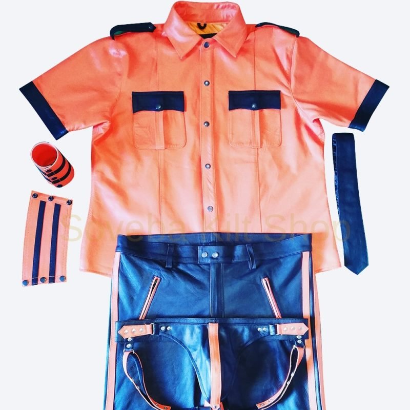 Leather Uniform Men In Black And Orange Color - Soveba Kilt Shop
