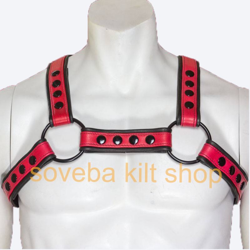 Mens Red Leather Harness - Red Chest Fashion Leather Harness