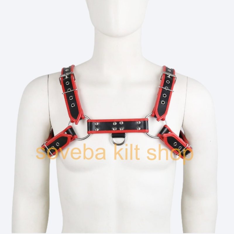 Mens Black And Red Leather Harness | Chest Fashion Leather Harness