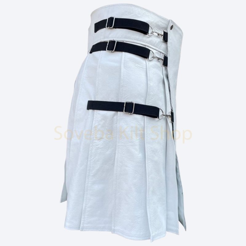 White Leather Kilt | Modern Leather Kilt With Black Double Cross Strap ...
