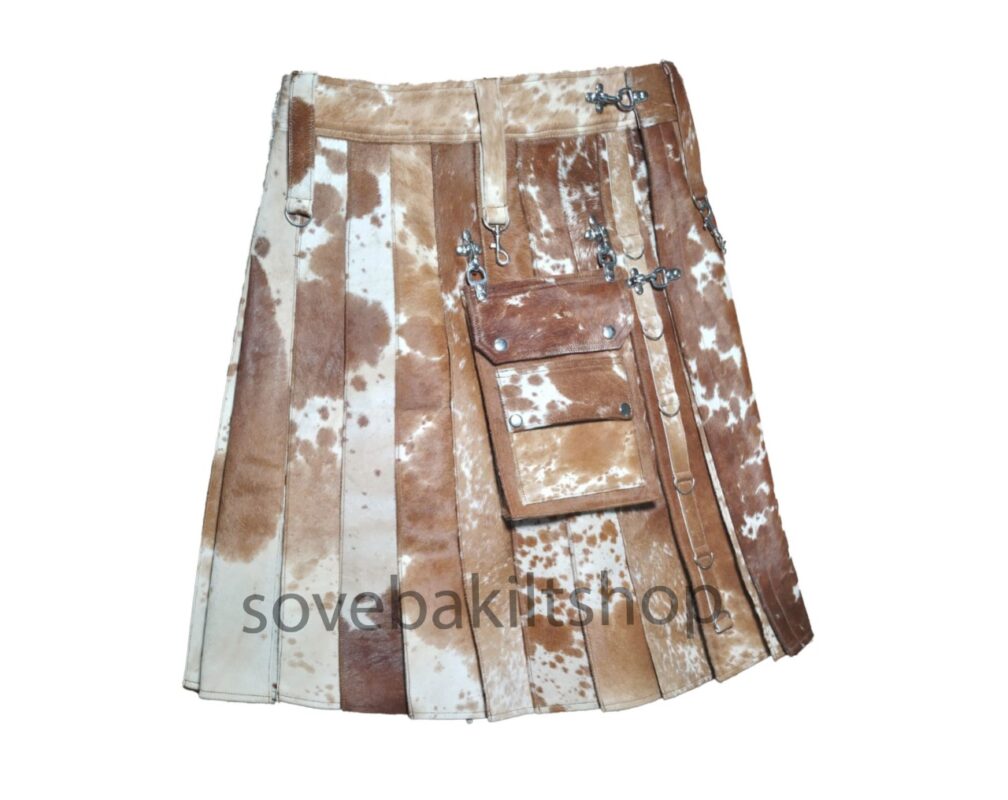 Cow Hair Leather Kilt with Cow Pattern, Chains, and Pockets