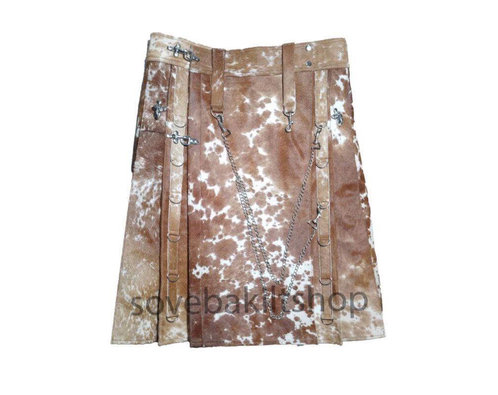 Cow Hair Leather Kilt with Cow Pattern, Chains, and Pockets