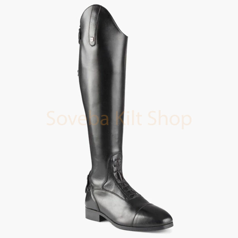 Black Leather Long Laced Front Riding Boots | Back Zipper Boots