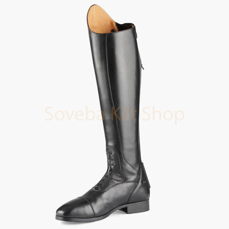 Black Leather Long Laced Front Riding Boots | Back Zipper Boots